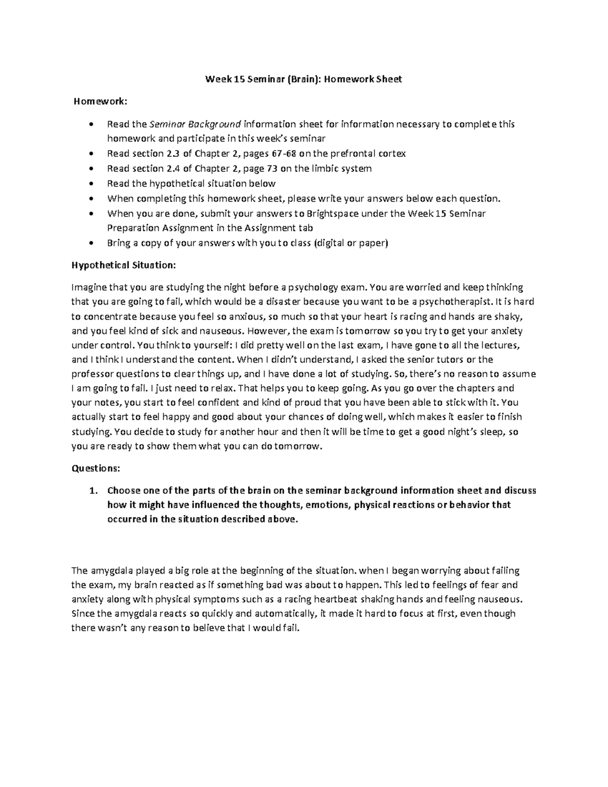 Week 15 PSY Seminar Homework: Brain Functions & Exam Anxiety - Studocu