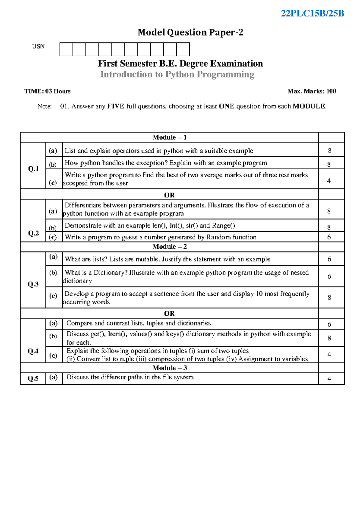 Model Question Paper - 22PLC15B/25B - Intro to Python Programming - Studocu
