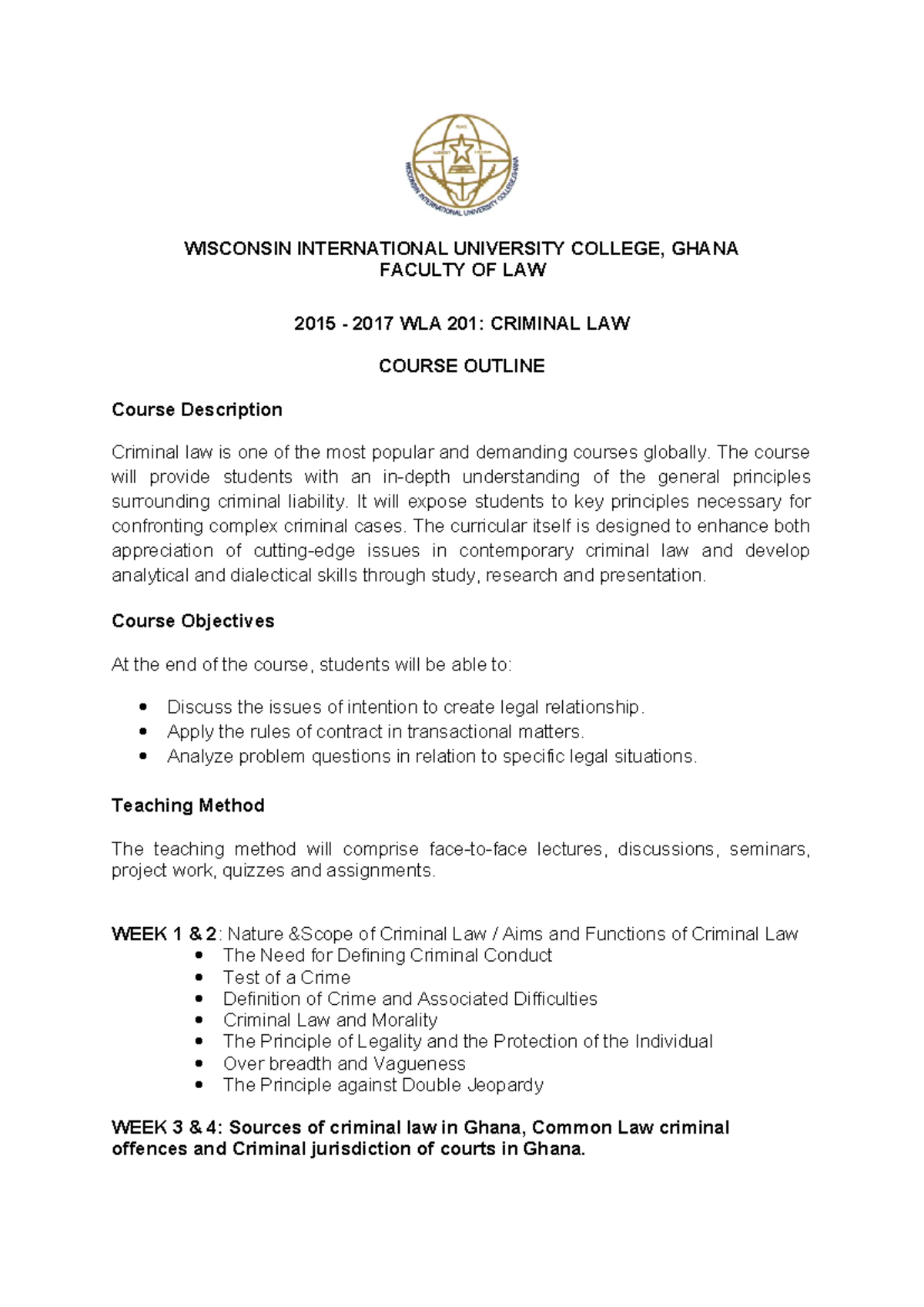 Dicksons Criminal LAW Course Outline - WISCONSIN INTERNATIONAL ...