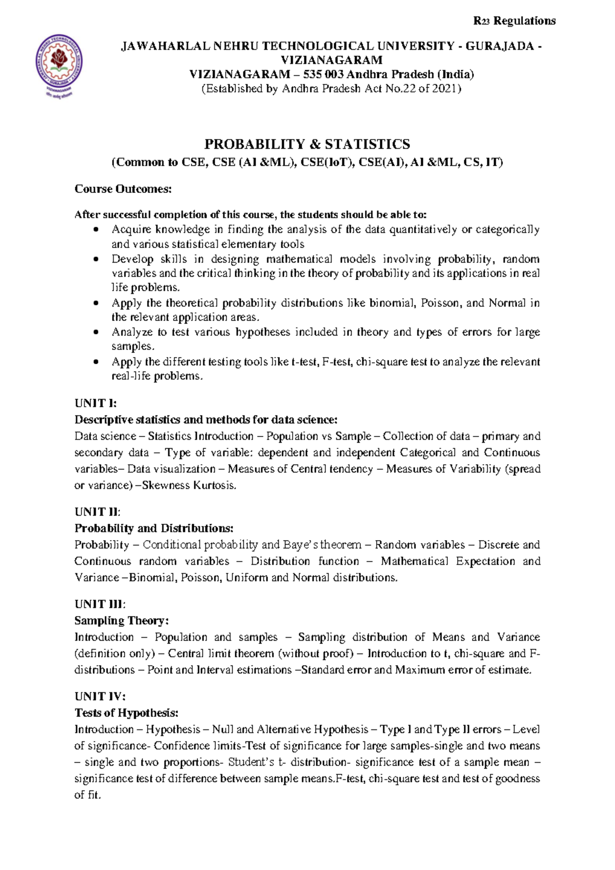 JNTUGV-R23 CSE Syllabus: Probability & Statistics Overview - Studocu