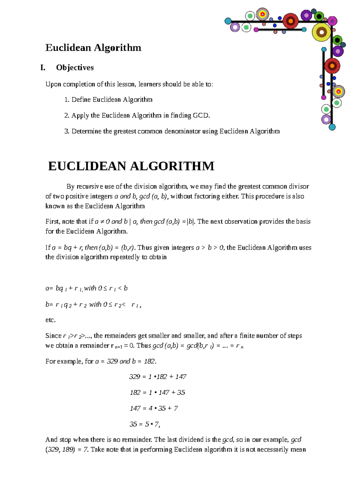 Discrete Math M5 - Lesson on the Euclidean Algorithm and GCD - Studocu