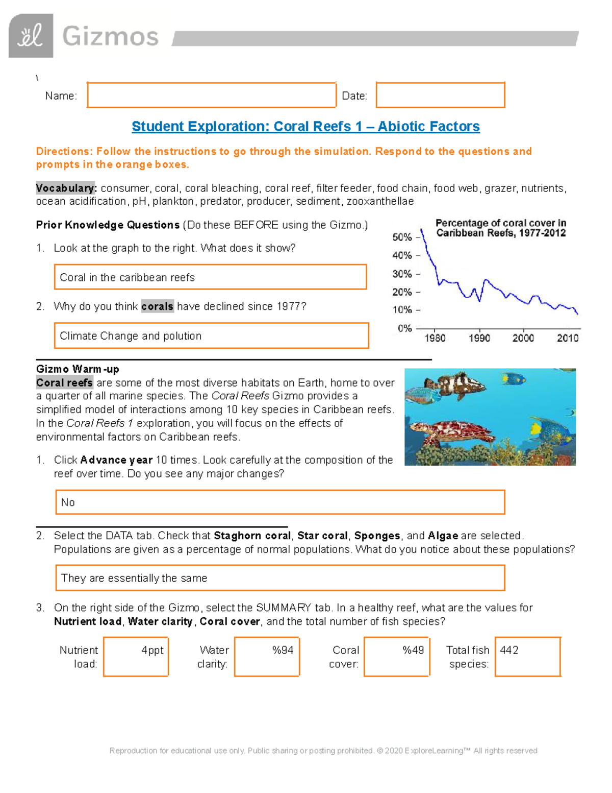 Coral Reefs 1SE Gizmo Exploration: Abiotic Factors & Ecosystem Dynamics ...