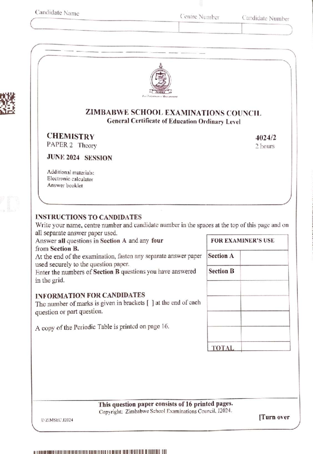 Chemistry Paper 2 J2024 - Question Paper for O Level Exam - Studocu