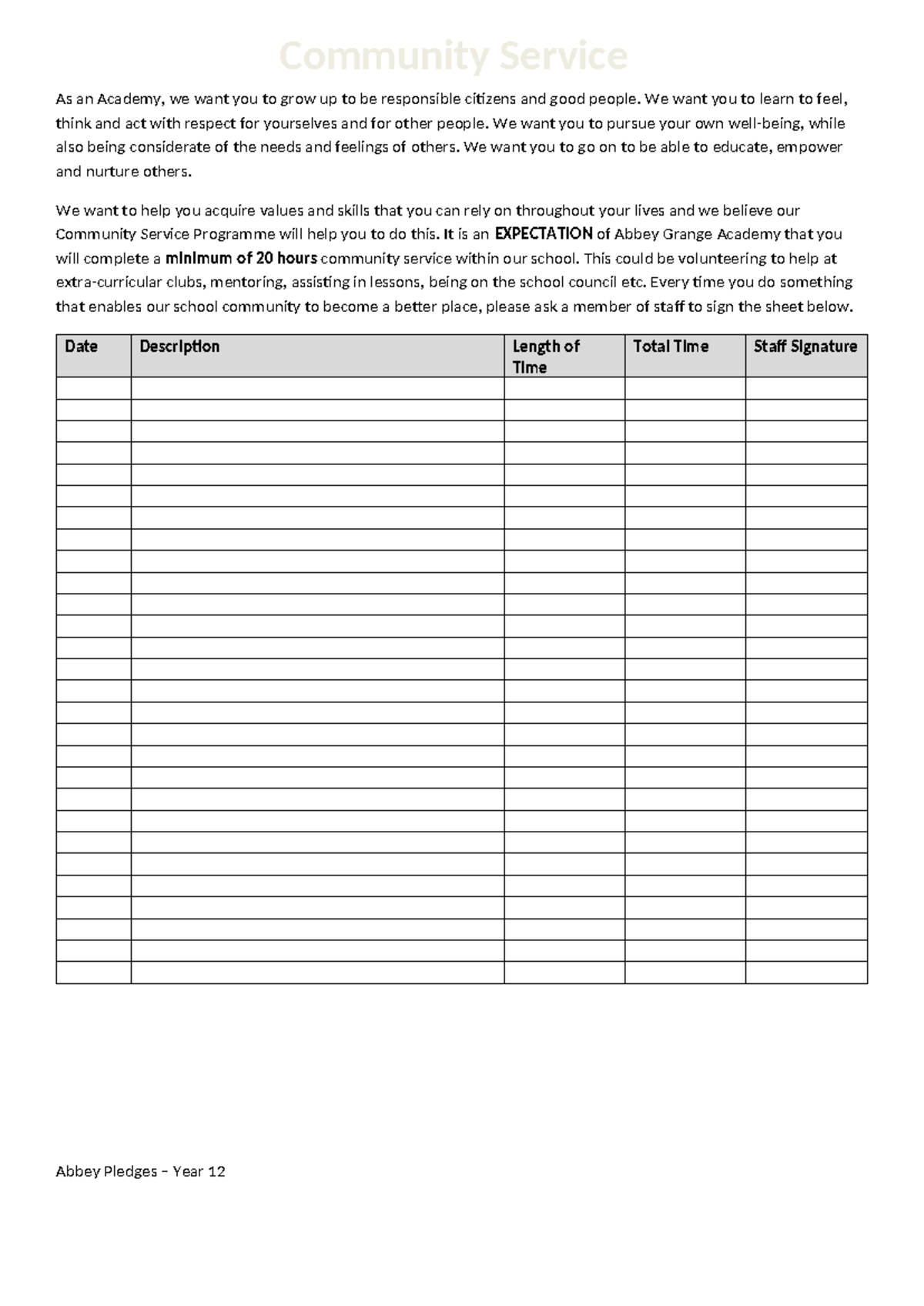 Community Service Record Sheet - Abbey Grange Academy - Studocu