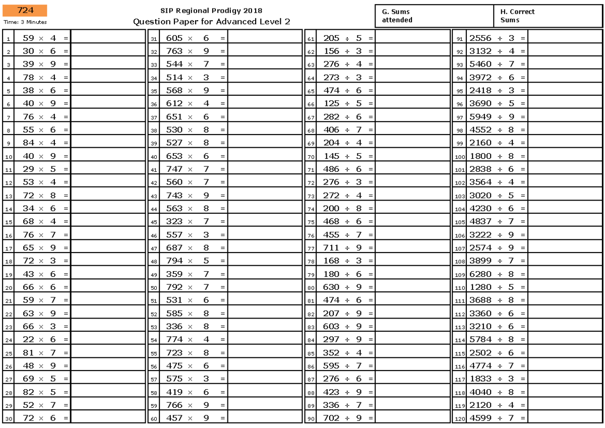 MUL 724 Abacus Practice Sheet for 6th Level Students - Studocu