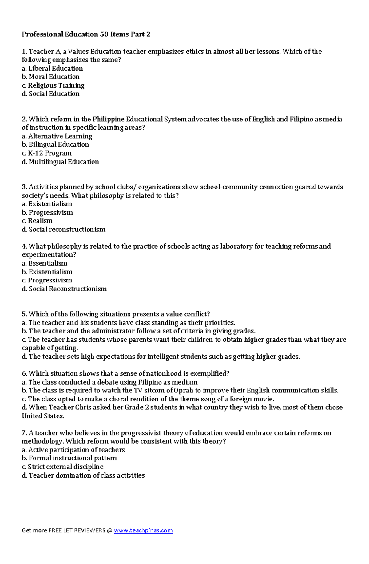 Professional Education Quiz: 50 Items - Part 2 - Studocu