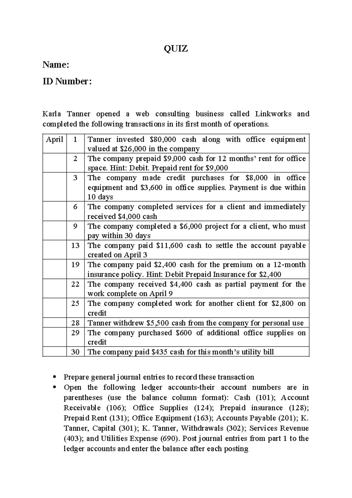 QUIZ 1 - Transactions and Journal Entries for Linkworks - Studocu