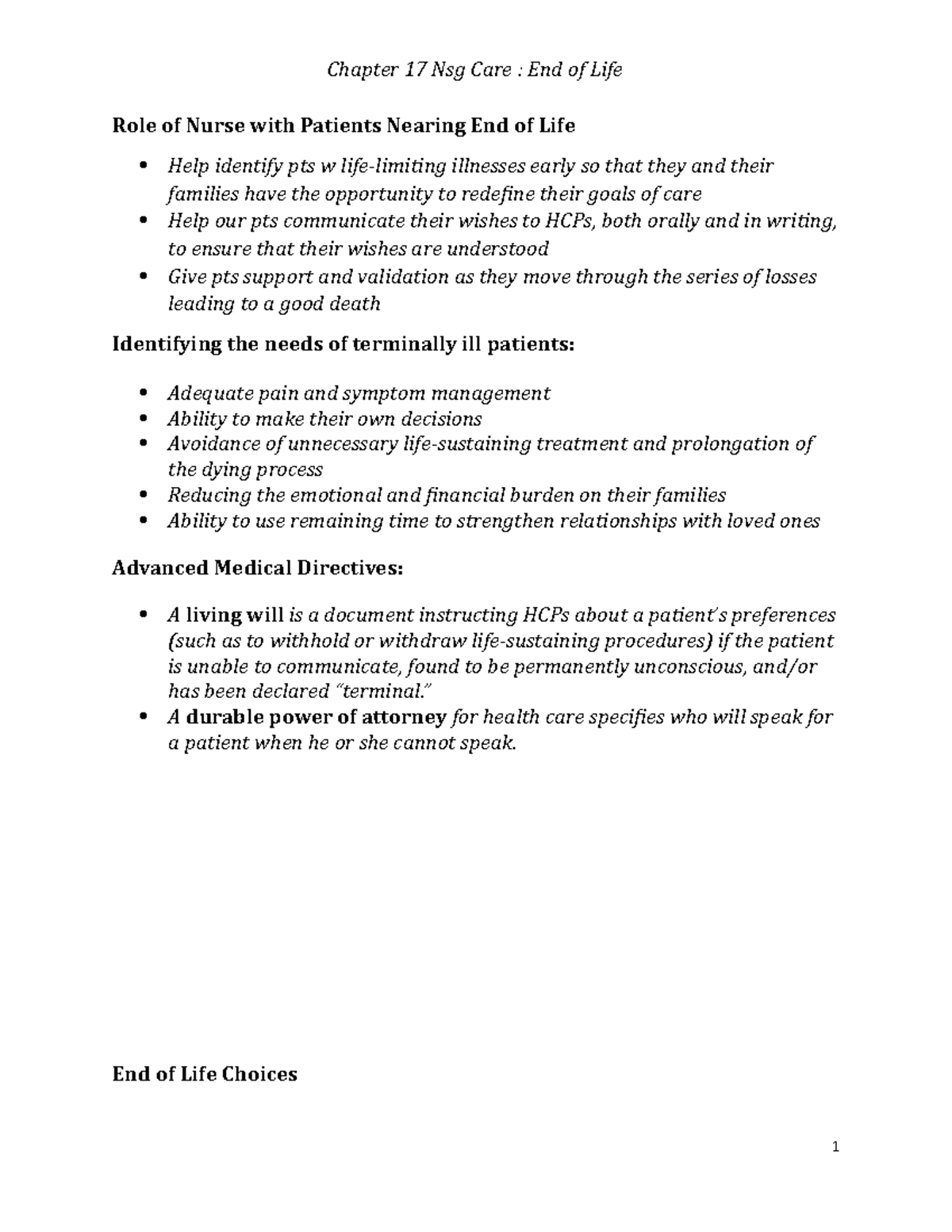 Chapter 17 Notes - Nursing Care for End-of-Life Patients - Studocu