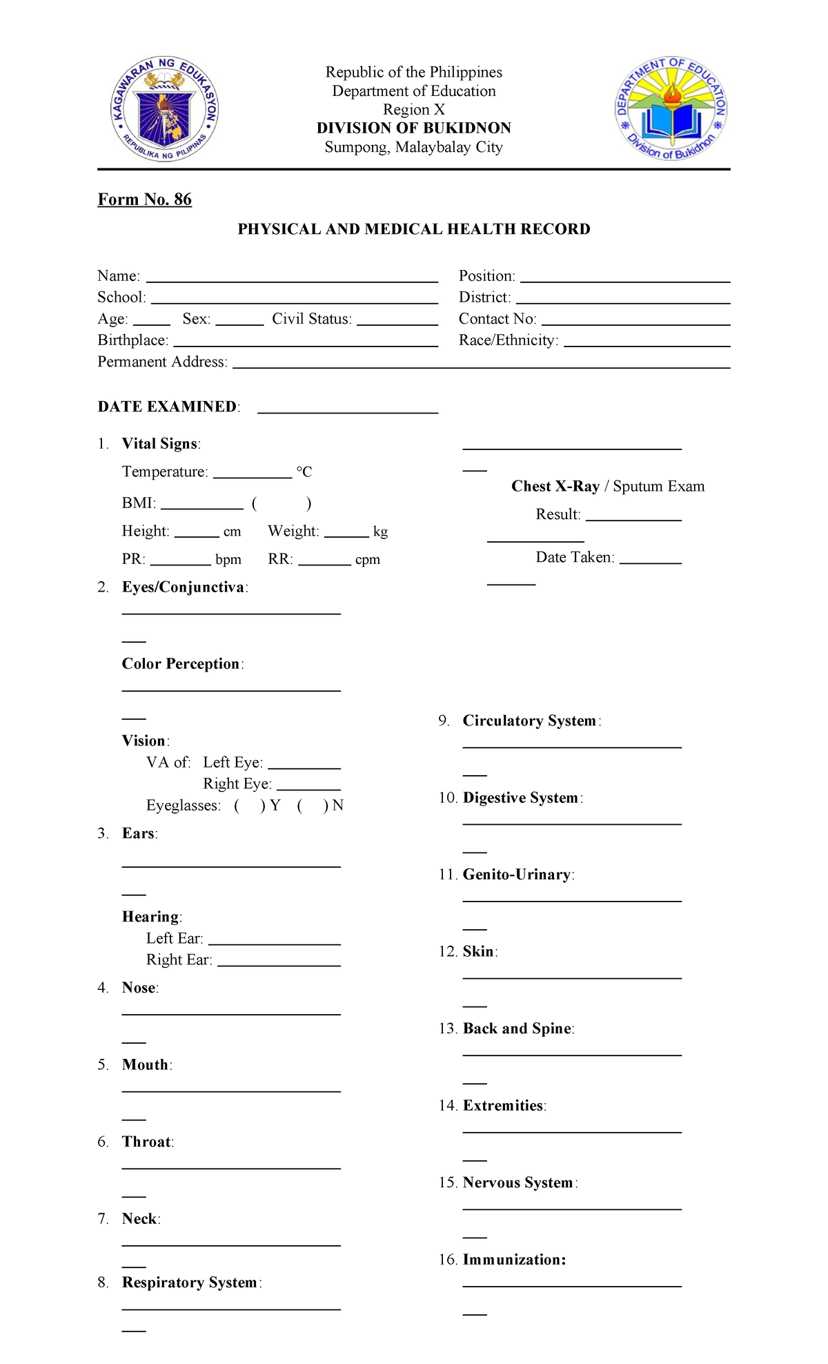 Form No. 86 - Revised Physical and Medical Health Record Notes - Studocu