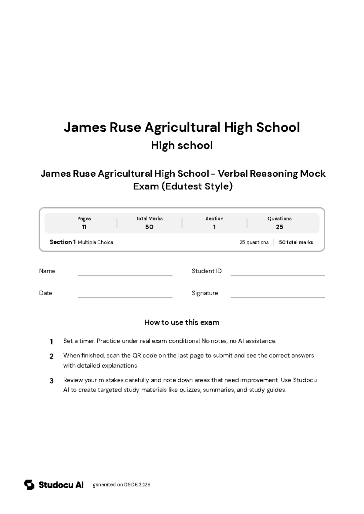 James Ruse Agricultural High School - Verbal Reasoning Mock Exam - Studocu