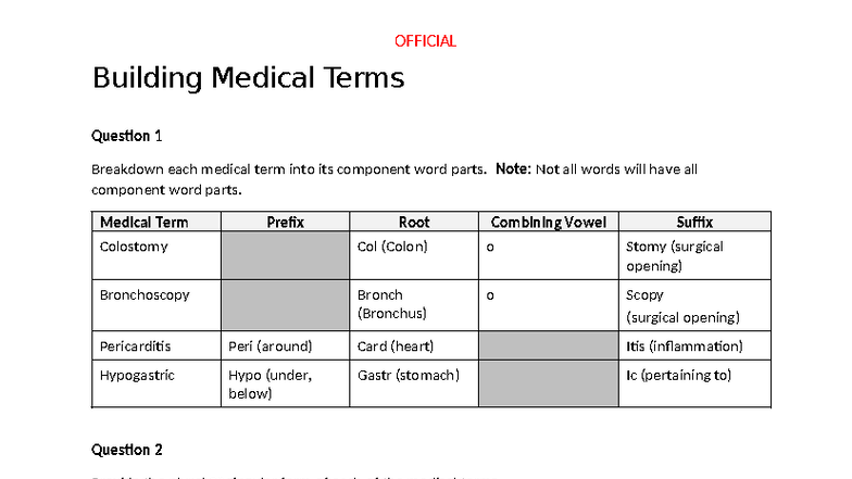Med Term Worksheets: Breakdown & Definitions for Medical Terms - Studocu