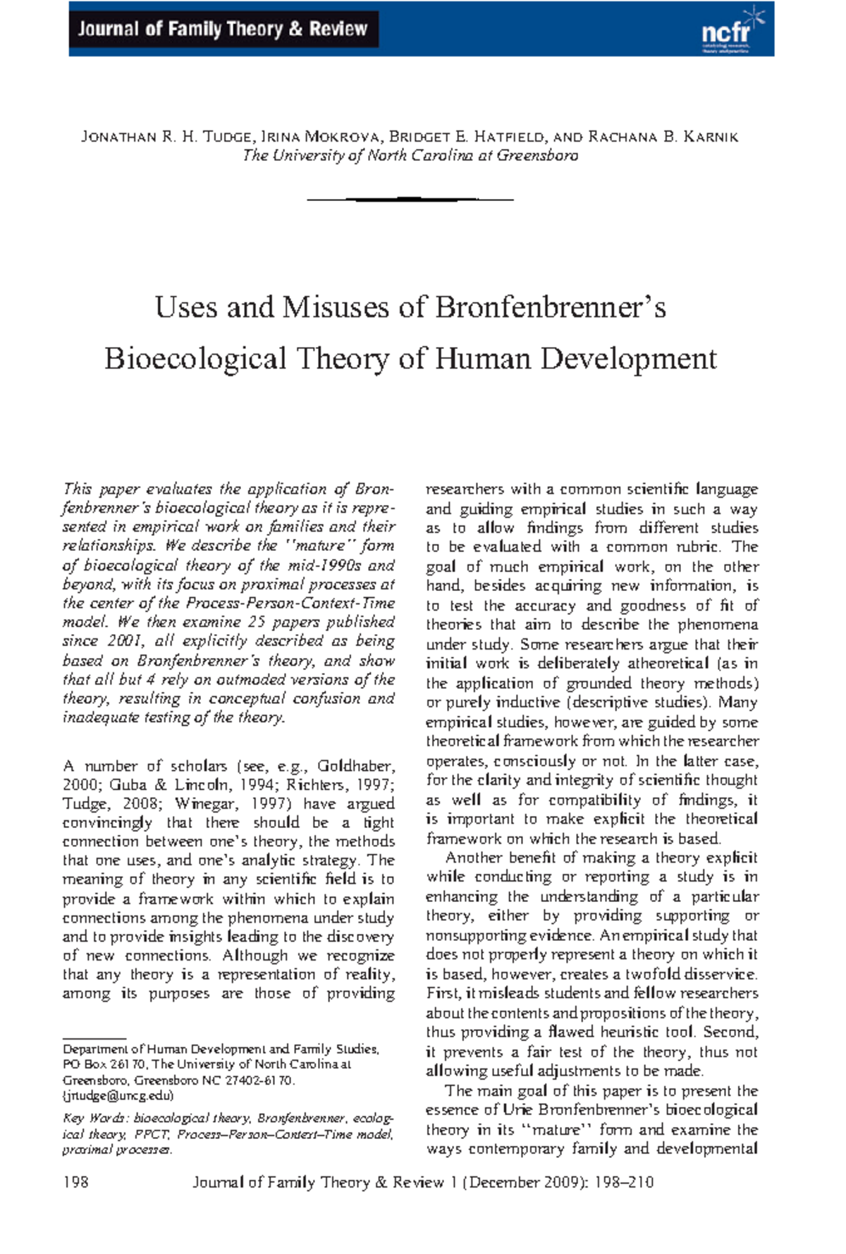 1.1 - Tudge et al. (2009) - Analyzing Bronfenbrenner's Theory Usage ...