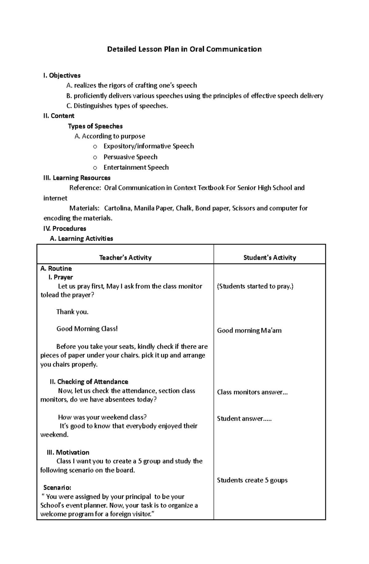 436909686 Detailed Lesson Plan for Oral Communication Class - Studocu