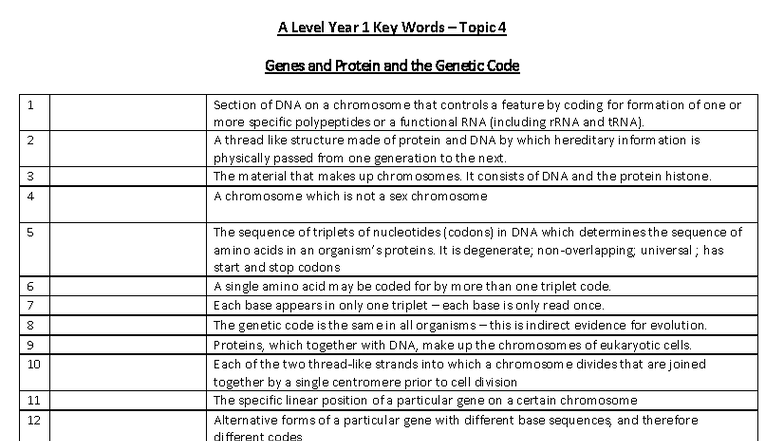 A Level Year 1 Topic 4 Key Words for Genetics and Protein Synthesis ...