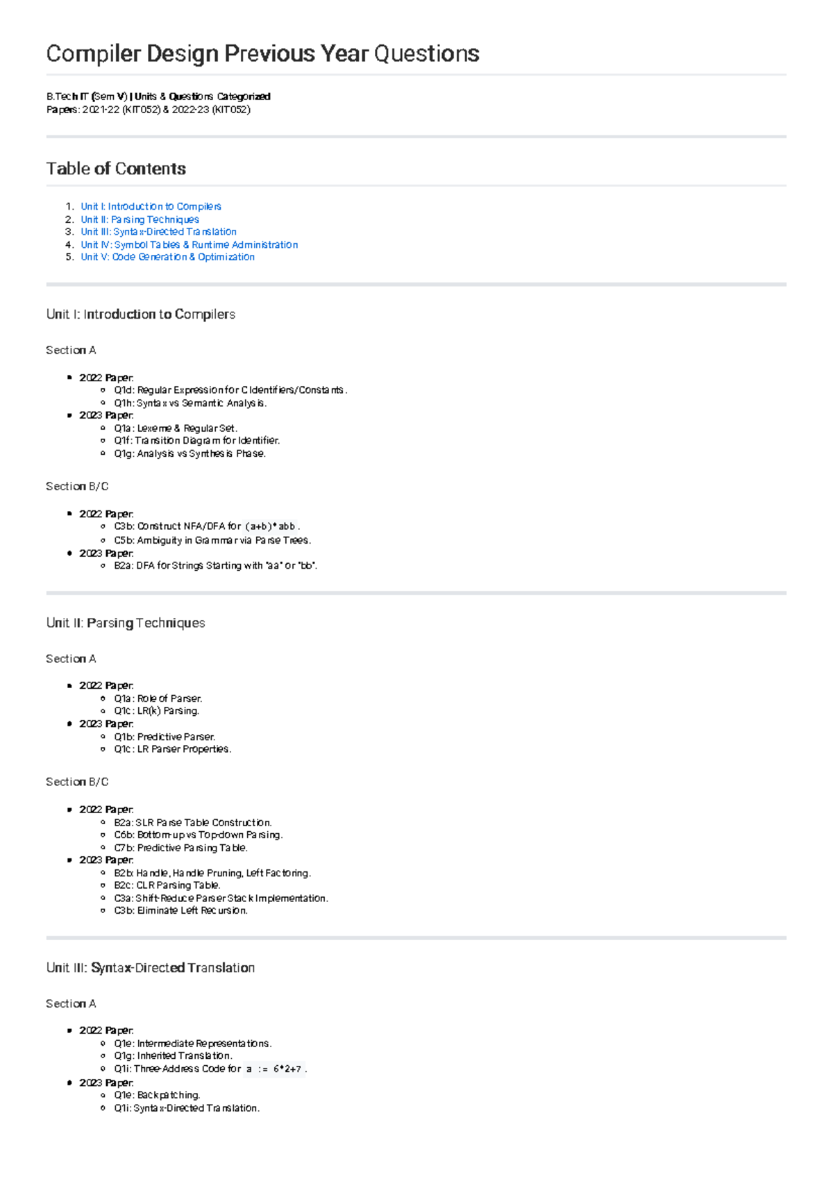 Compiler Design Previous Year Questions (KIT052) - B.Tech IT Sem V ...
