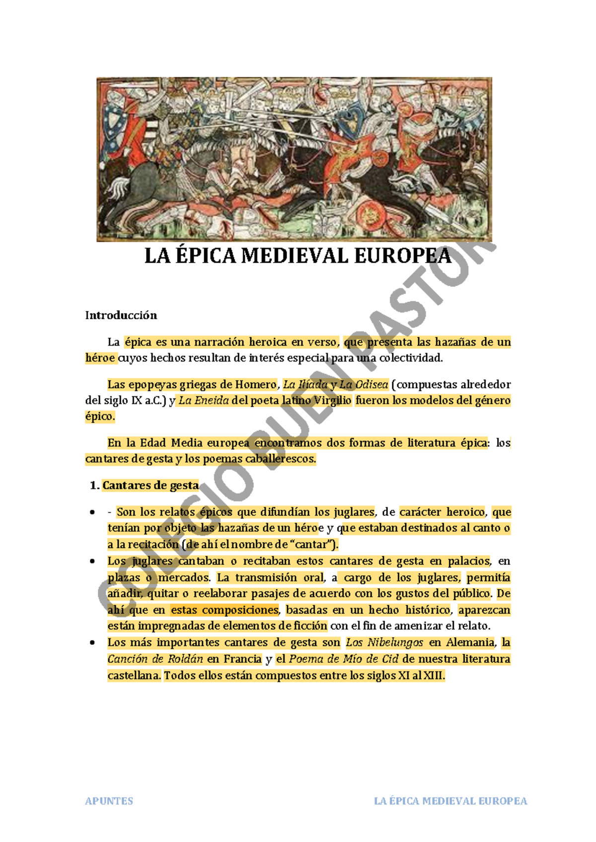 Apuntes sobre la Épica Medieval Europea - Studocu