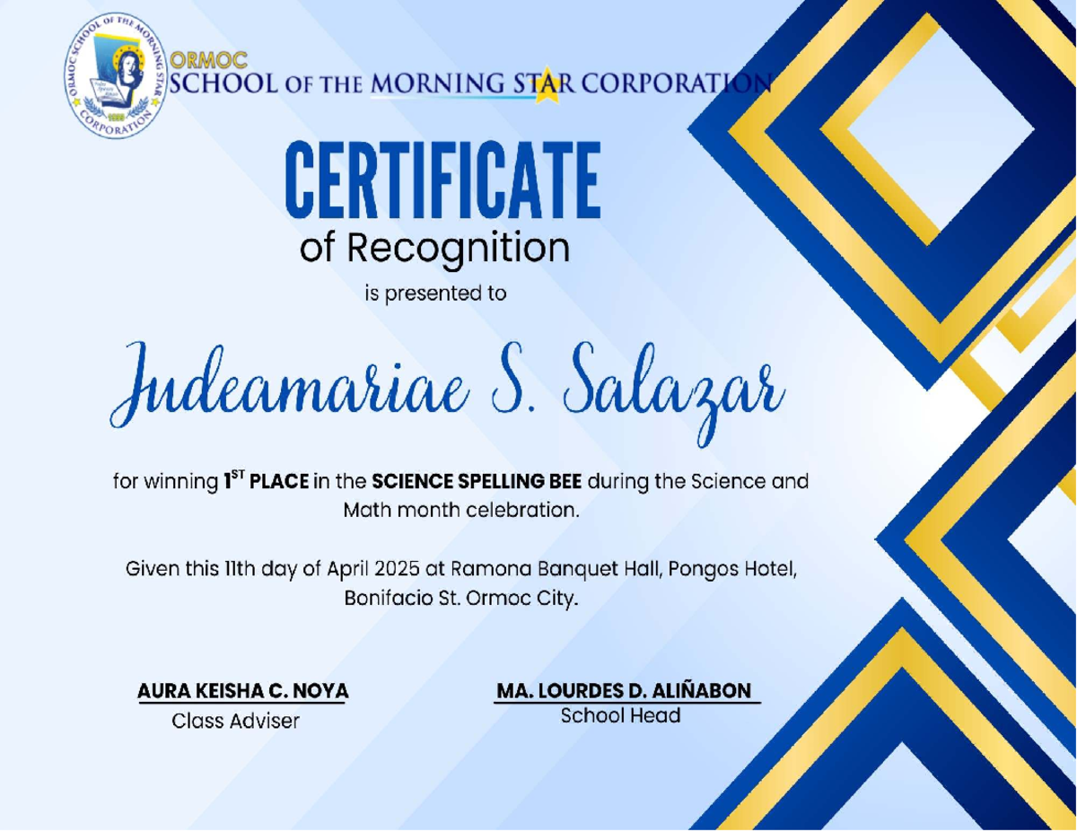 QUIZ BEE Certificates - ORMOC School of the Morning Star - Studocu
