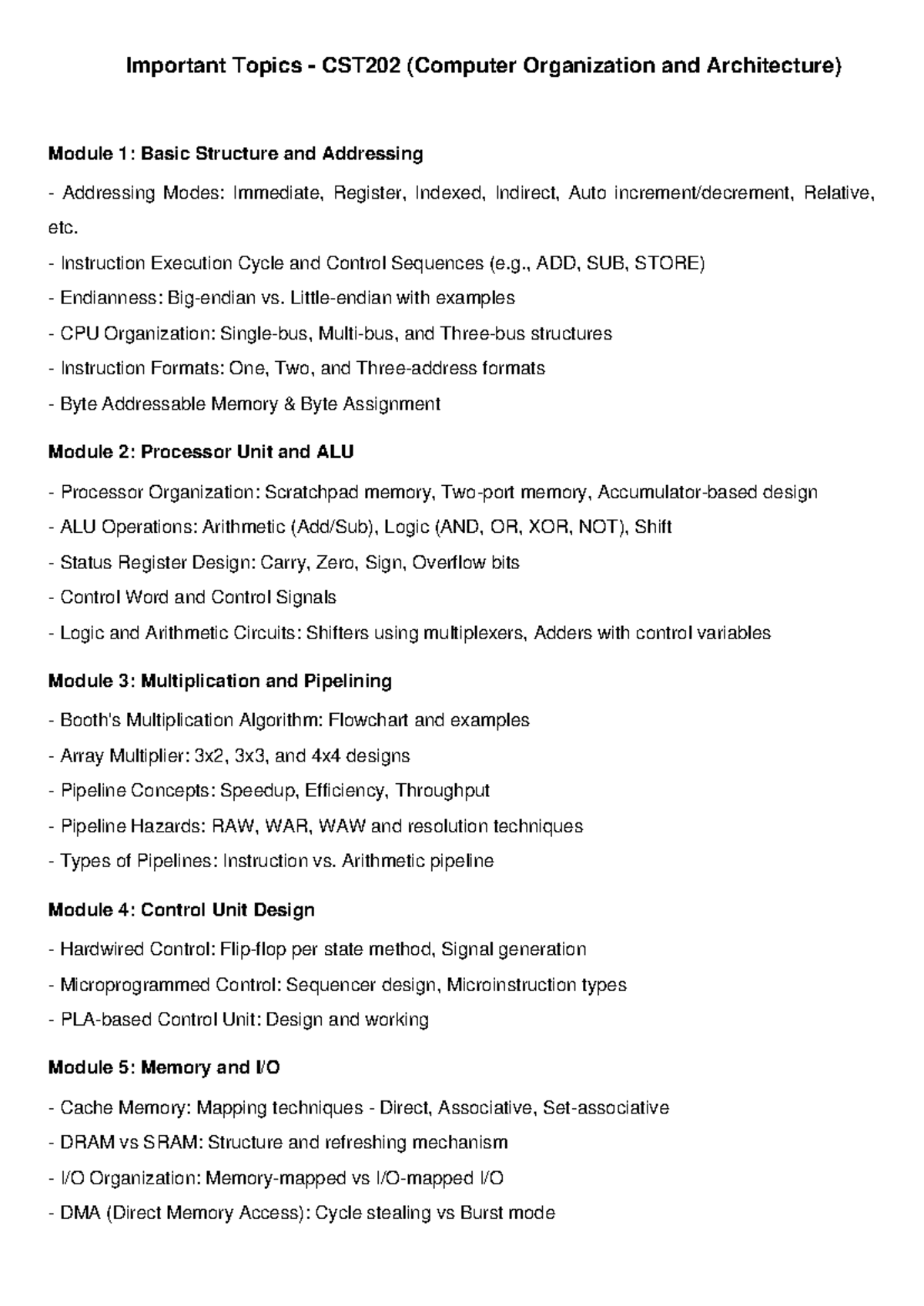 CST202 Important Topics: Computer Organization & Architecture Overview ...