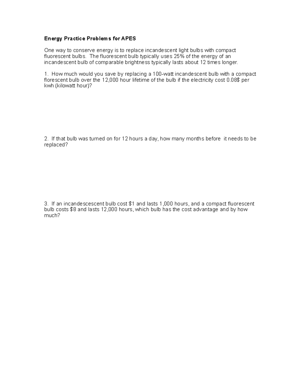 Energy practice problems for apes - Energy Practice Problems for APES ...