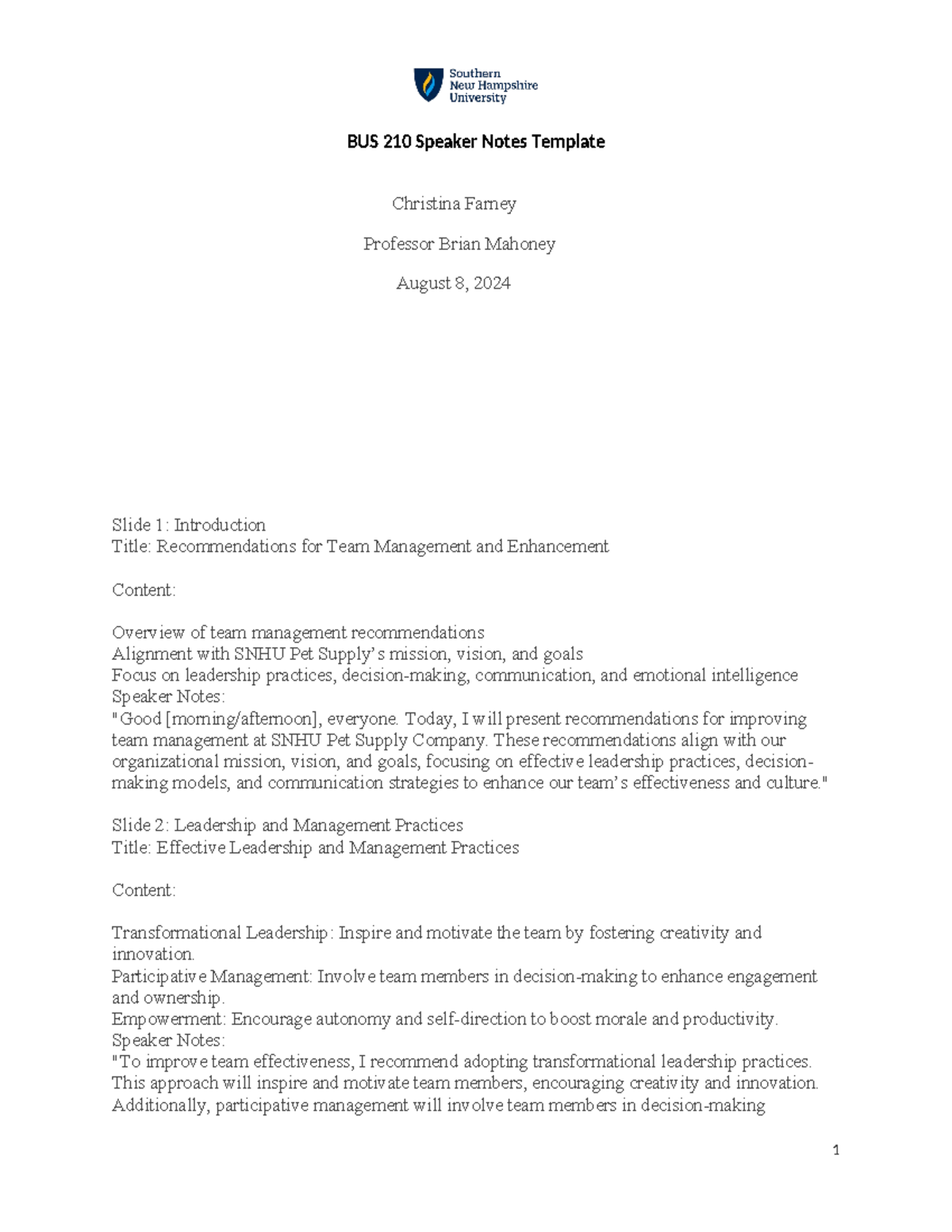 BUS 210 Final Exam Speaker Notes: Enhancing Team Management Strategies ...