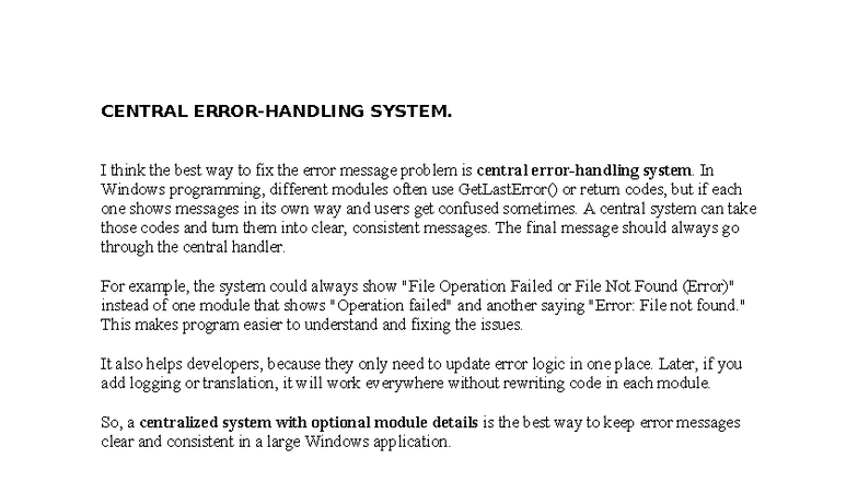 GDB-Central Error Handling System: A Unified Approach - Studocu