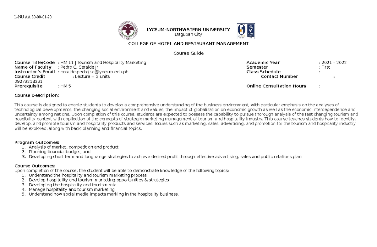 Course Guide HM 11: Comprehensive Overview of Tourism and Hospitality ...