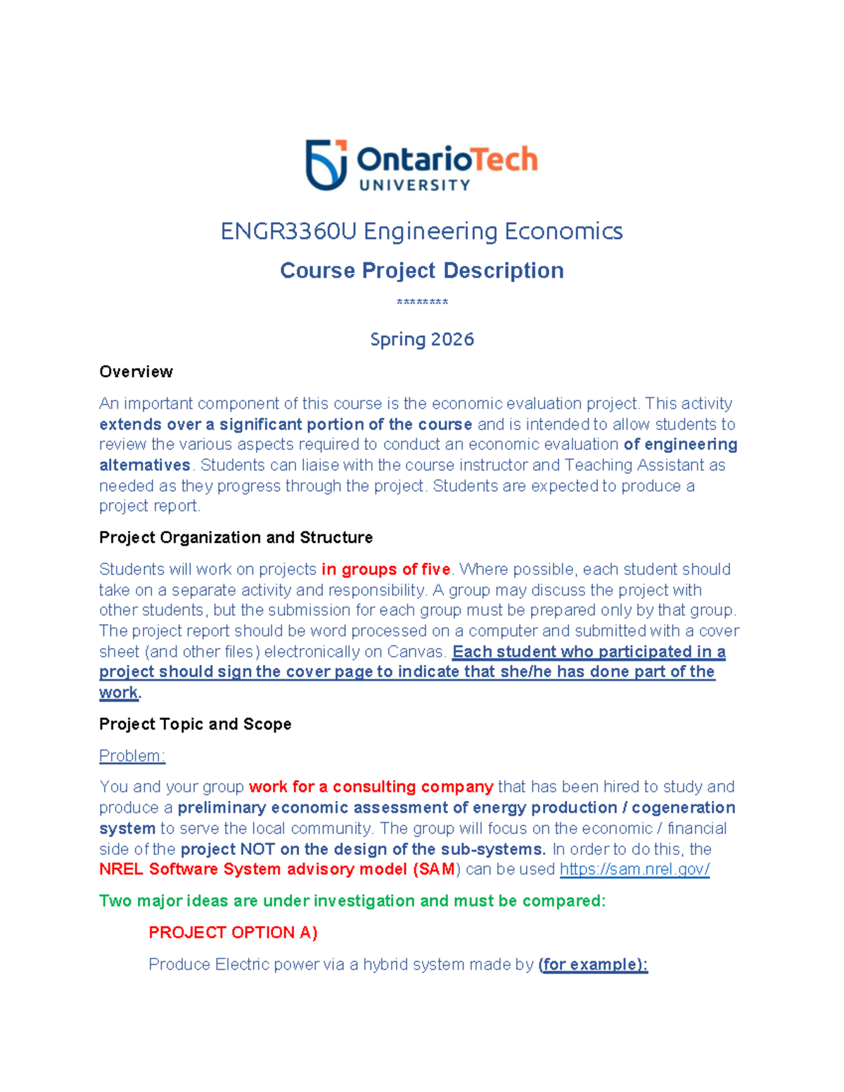 ENGR3360U Engineering Economics Course Project Overview Spring 2026 ...
