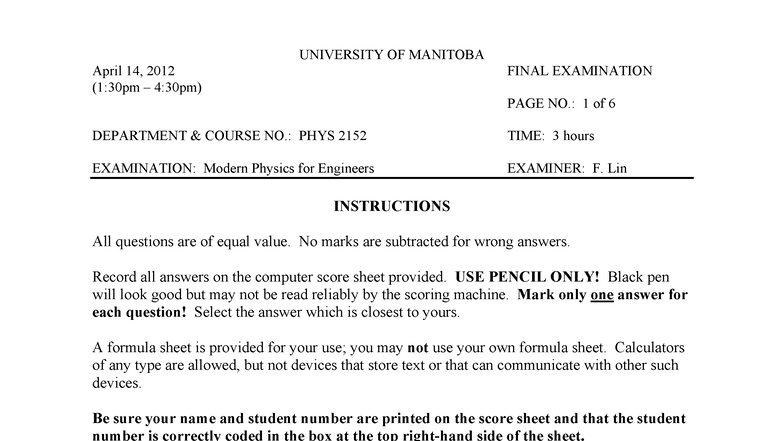 PHYS 2152 - 2012 Final Exam Practice for Modern Physics - Studocu
