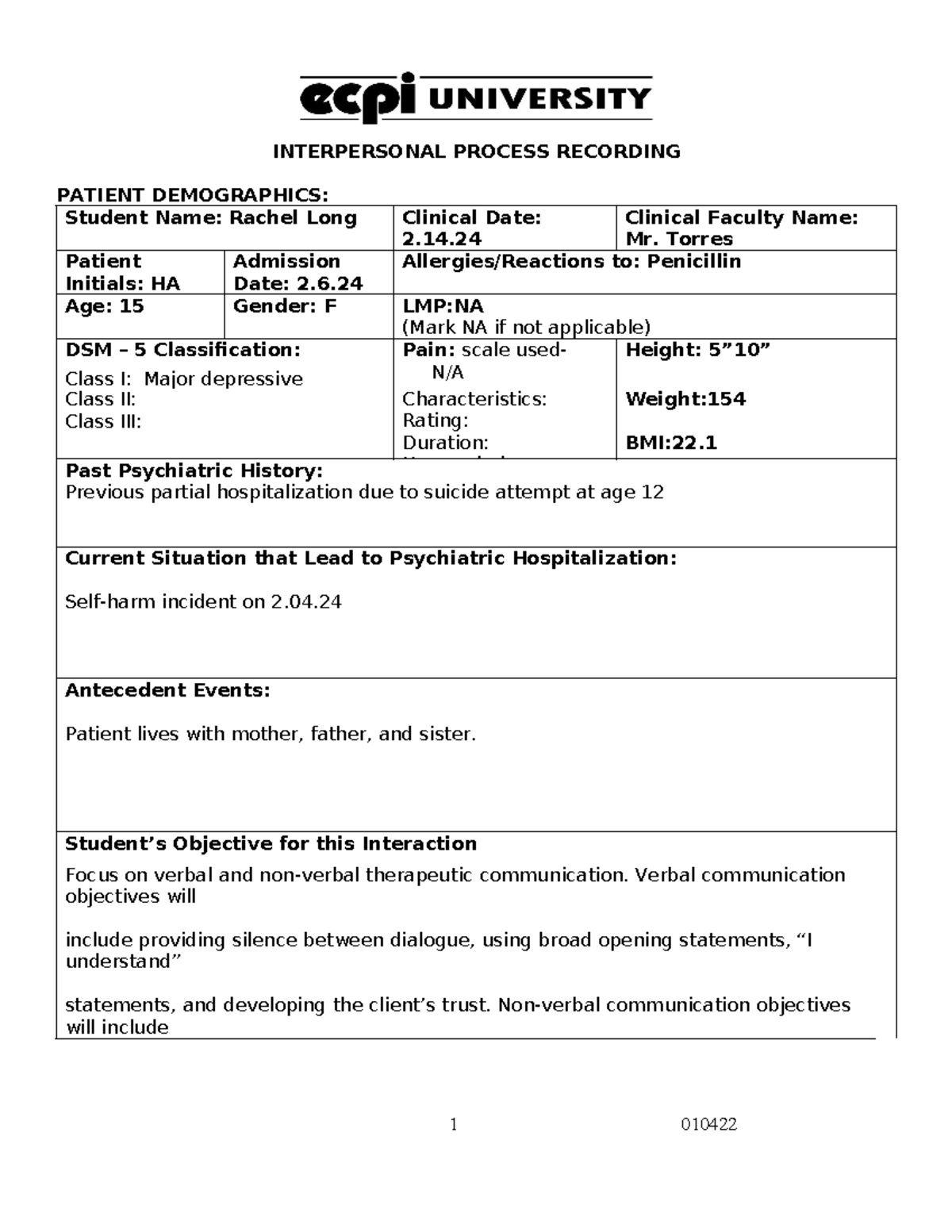 NUR 234 Interpersonal Process Recording: Patient HA Analysis by Rachel ...