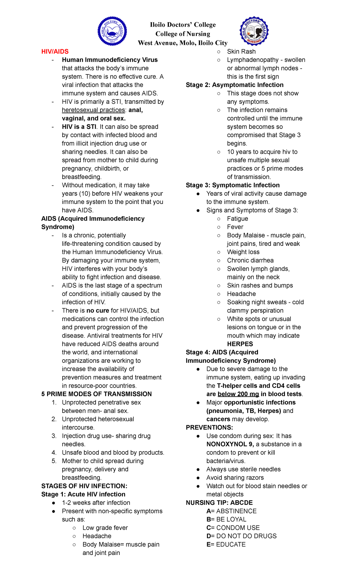 NCM 109 Lecture Midterms Transes - College of Nursing West Avenue, Molo ...