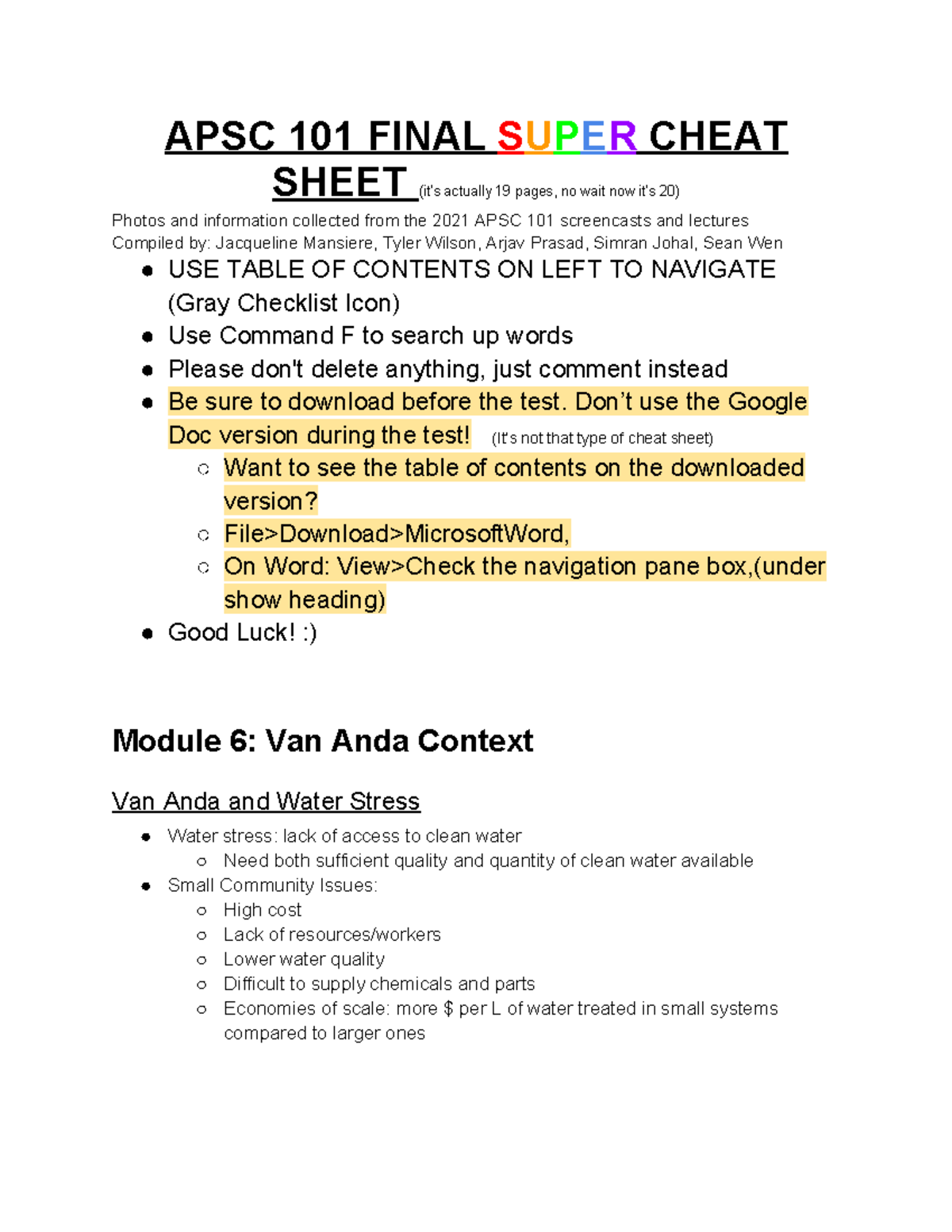 APSC 101 Final Exam Comprehensive Cheat Sheet Summary - Studocu
