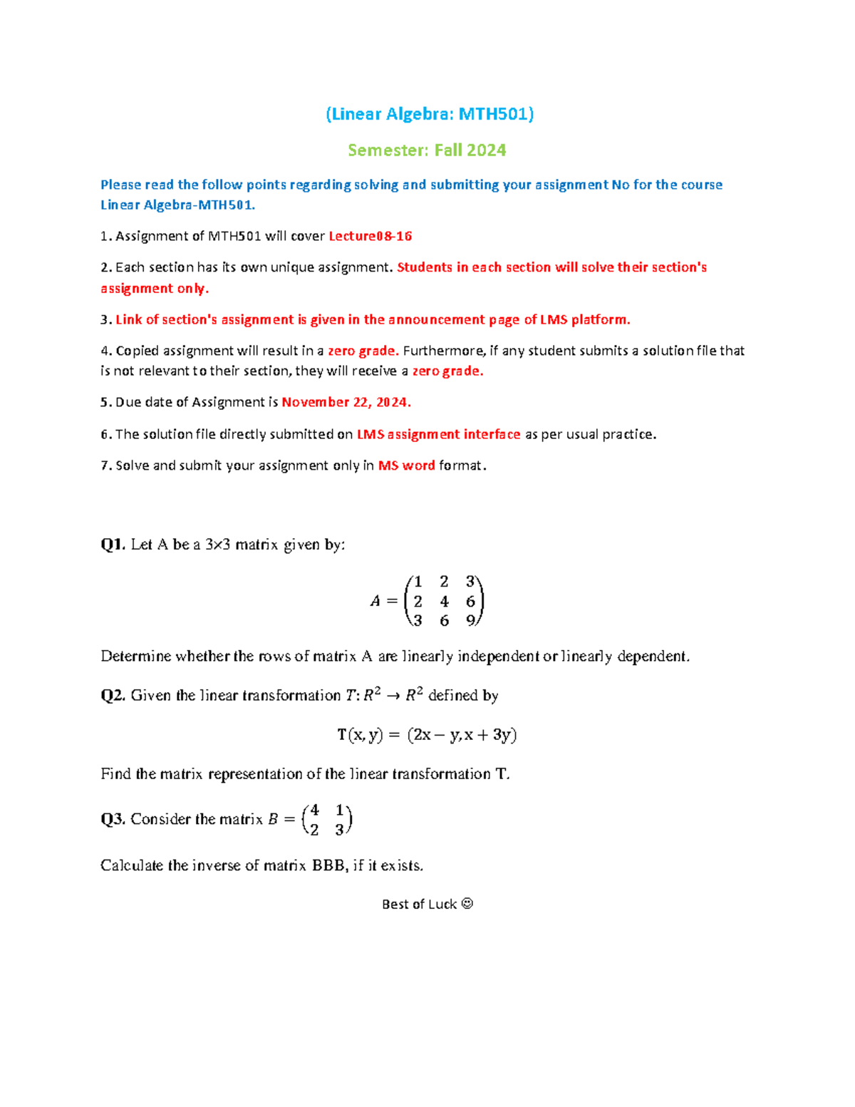 Assignment-Mth501-Fall2024 - (Linear Algebra: MTH501) Semester: Fall 2024 Please read the follow ...