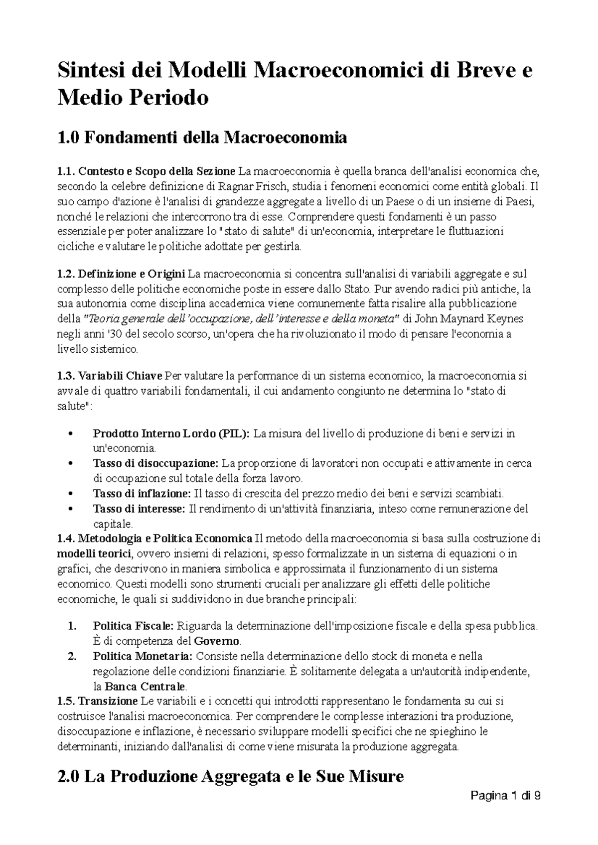 Sintesi dei Modelli Macroeconomici: Fondamenti e Analisi (MACRO 1.0 ...