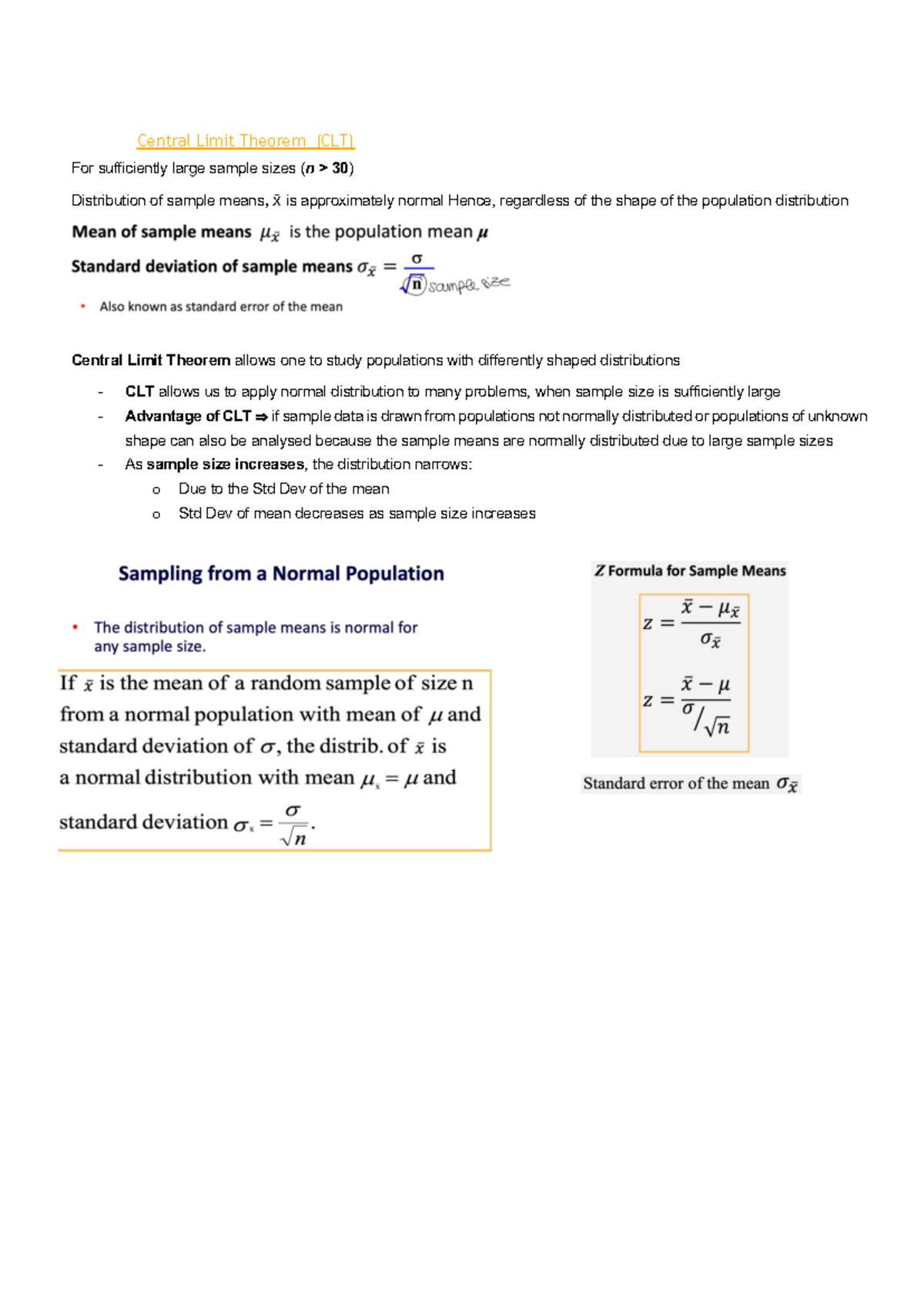 CLT - Lecture summary - Central Limit Theorem (CLT) For sufficiently ...