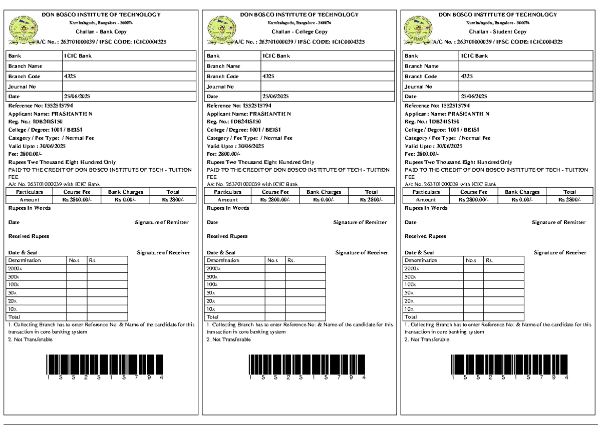 Challan Copy for Tuition Fee Payment - DBIT 1DB24IS150 - Studocu