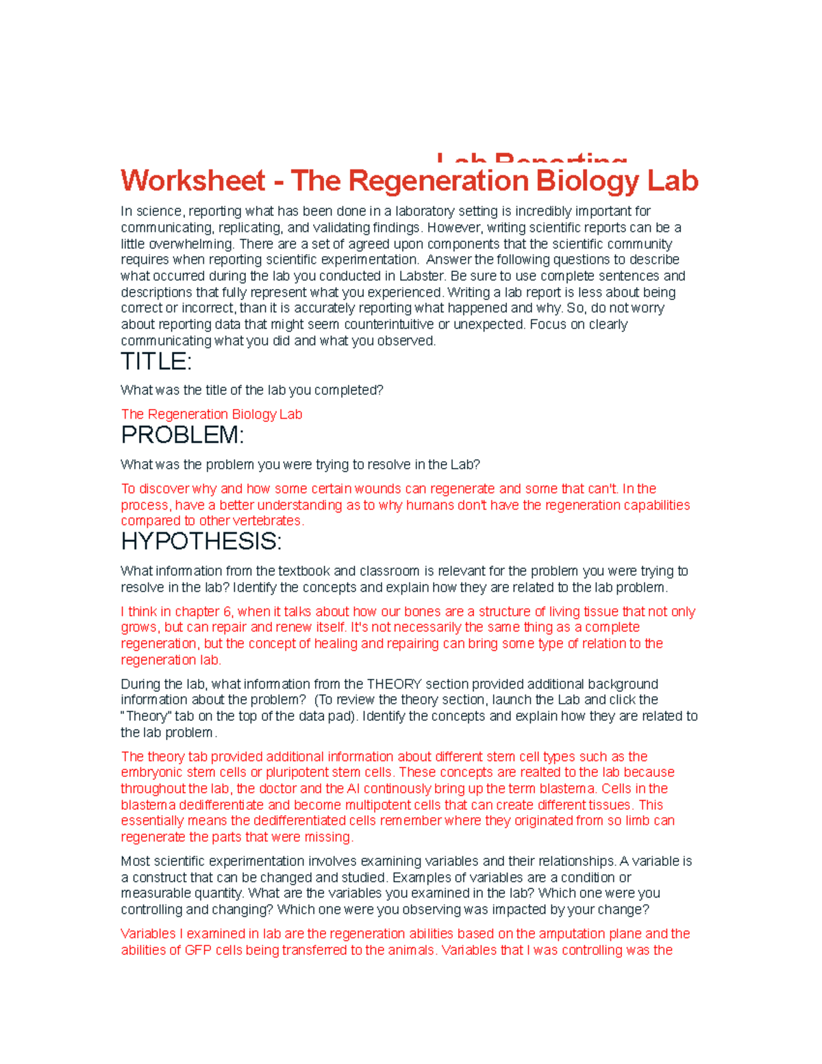 Regeneration Biology Lab Report - Lab Reporting Worksheet - The ...