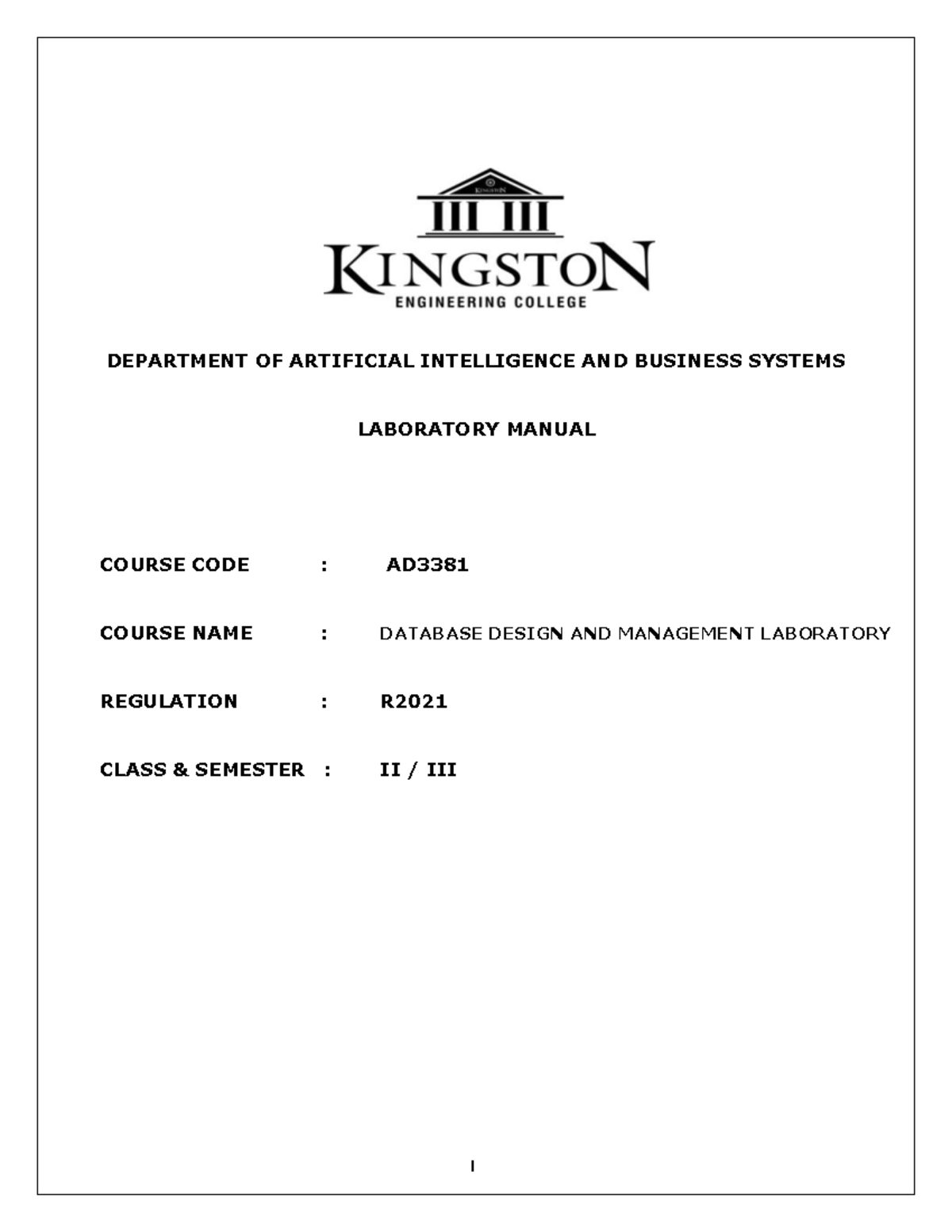 AD3381 Database Design & Management Lab Manual: Concepts & SQL Techniques - Studocu