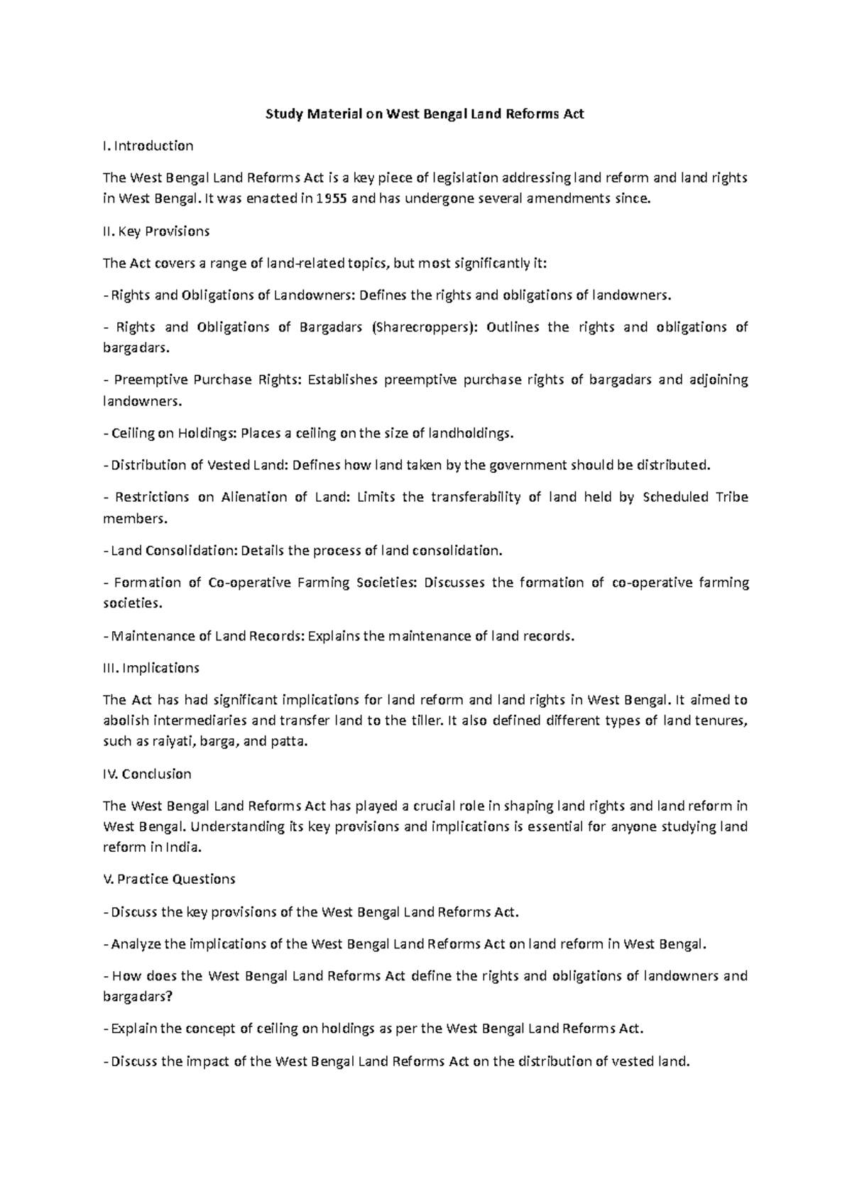WB Land Reforms Act: Key Provisions & Implications for Study - Studocu
