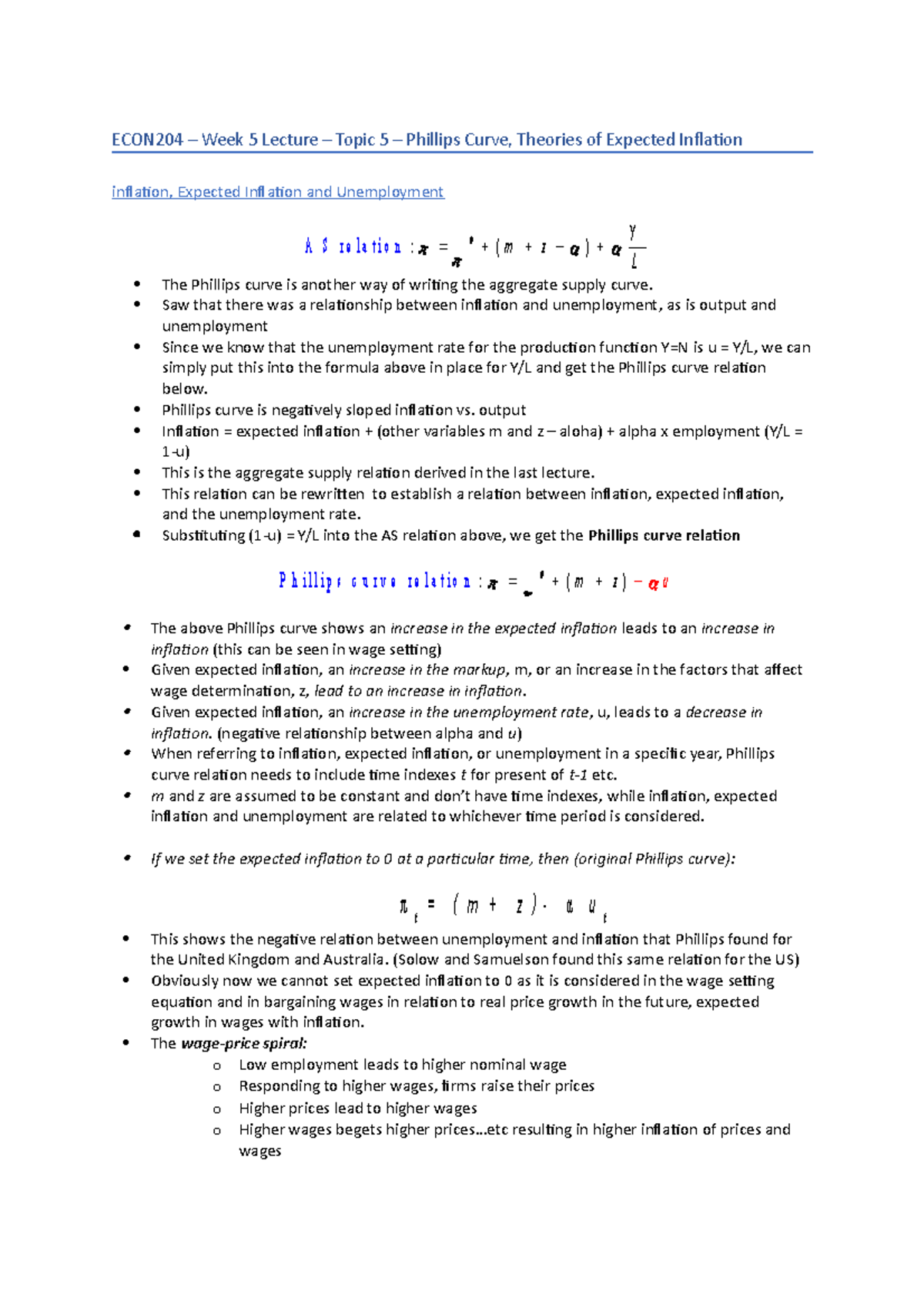 ECON204 W6 - Session 2 2018 - ECON204 – Week 5 Lecture – Topic 5 – Phillips Curve, Theories of ...