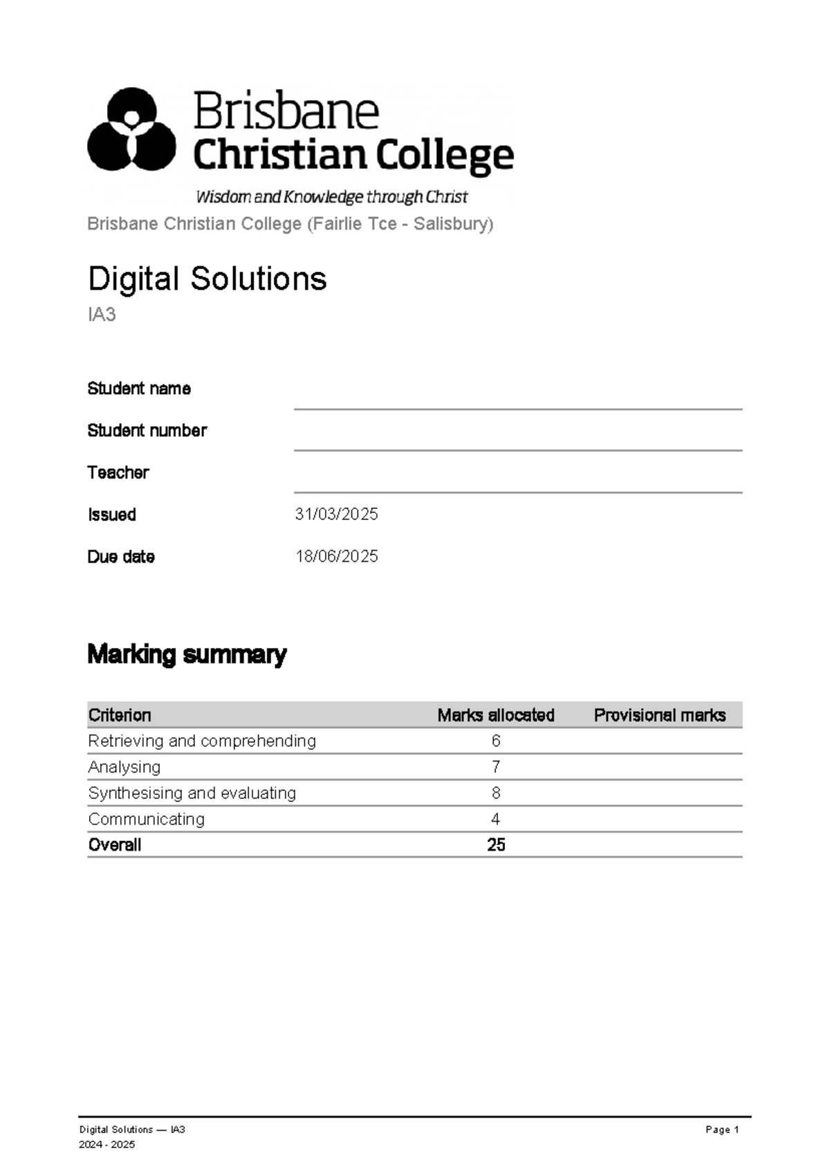 Digital Solutions IA3 2025: Project Folio and Assessment Overview - Studocu