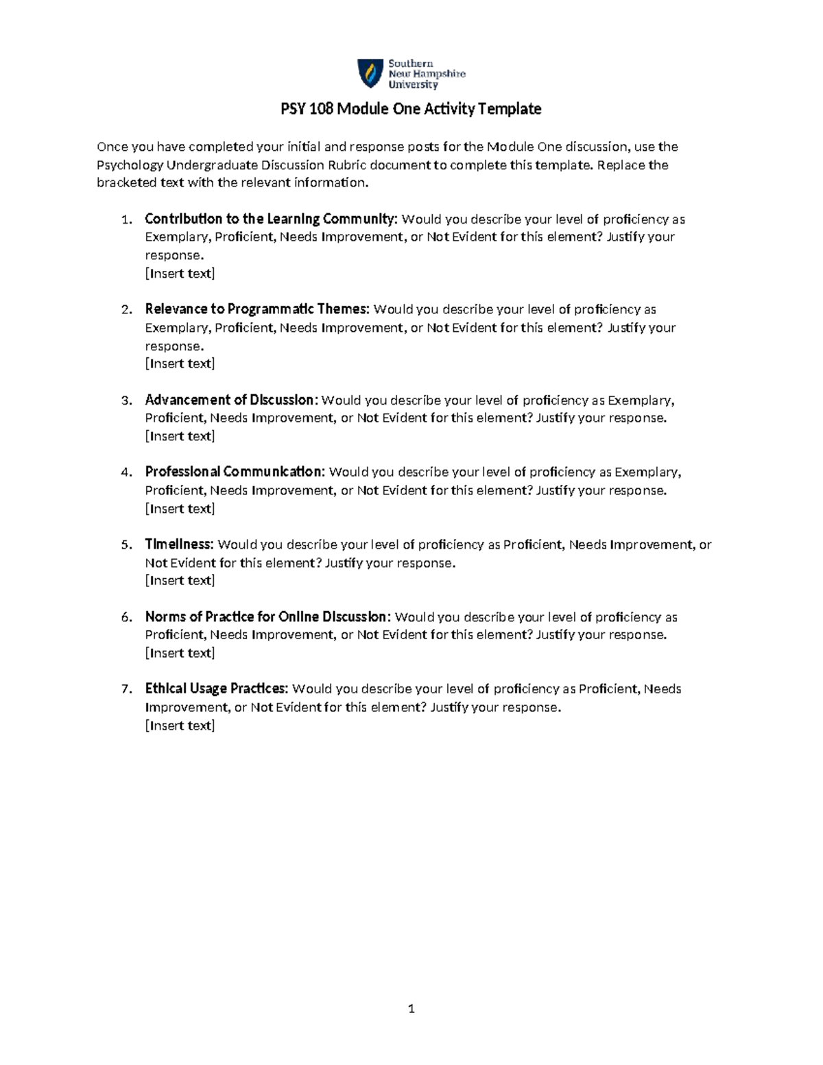 PSY 108 Module 1 Discussion Activity Template and Rubric - Studocu