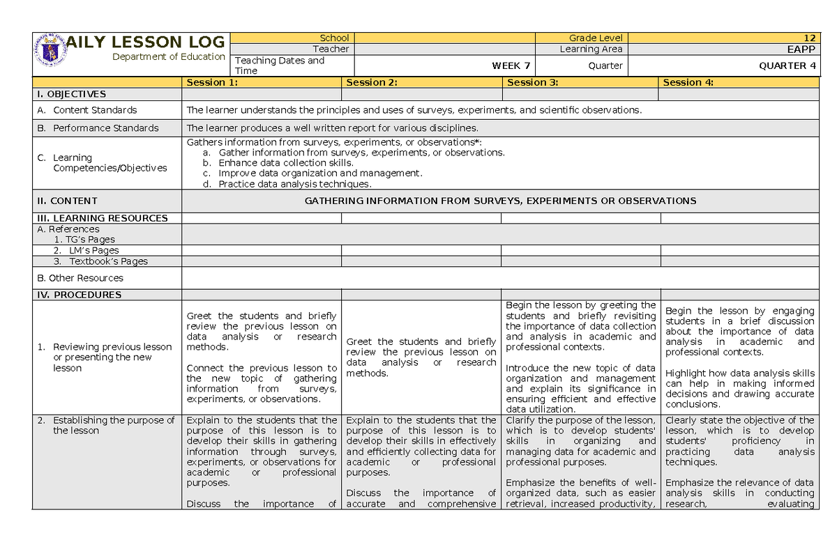 EAPP Q4 W7 - Comprehensive Daily Lesson Log on Data Collection Skills ...