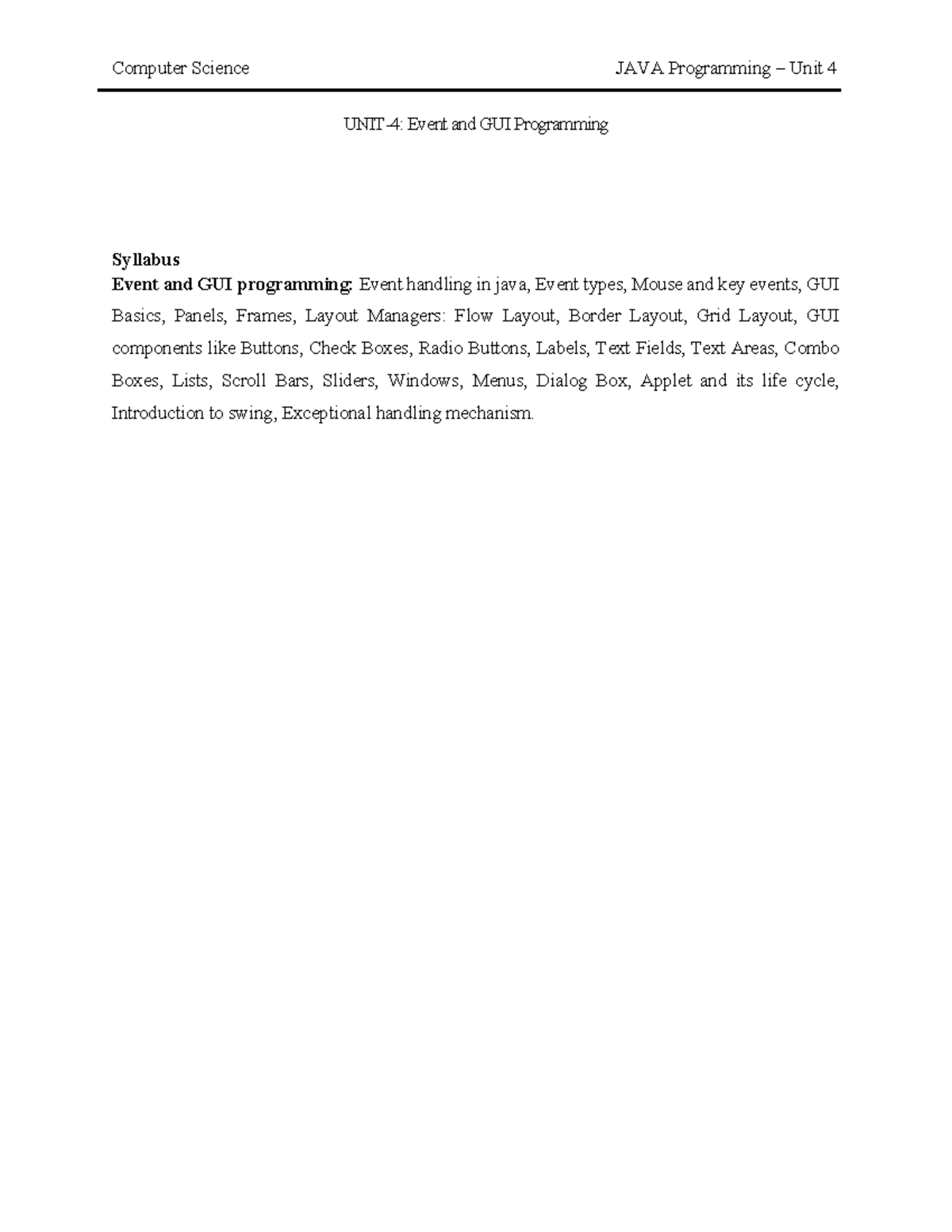 Computer Science JAVA Programming Unit 4 Event & GUI Programming Notes ...