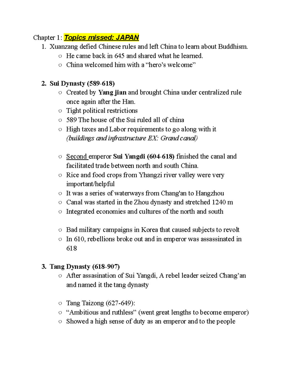 Unit 1 Lecture Notes: Sui, Tang, and Song Dynasties Overview - Studocu