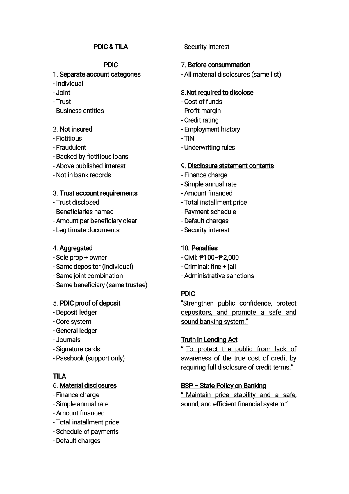 PDIC TILA Study Guide: Key Concepts and Disclosures - Studocu