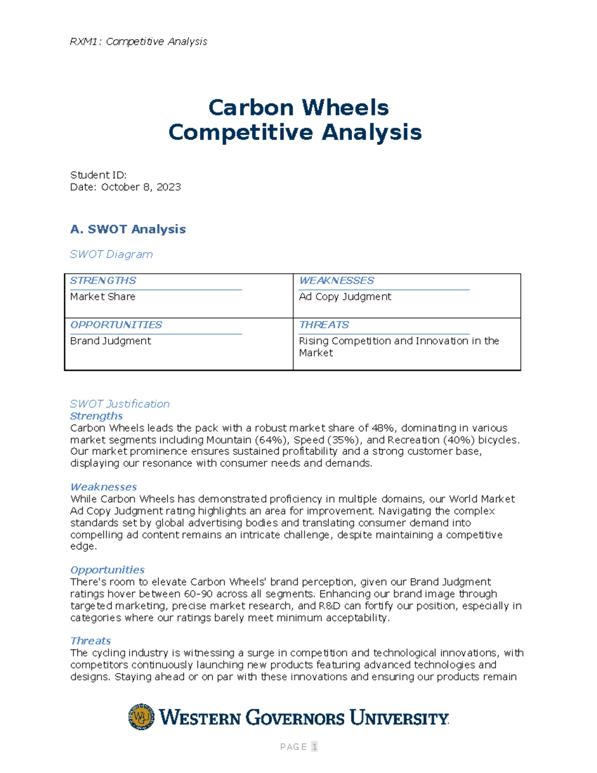 D361 - Task 2: Competitive Analysis of Carbon Wheels - Studocu