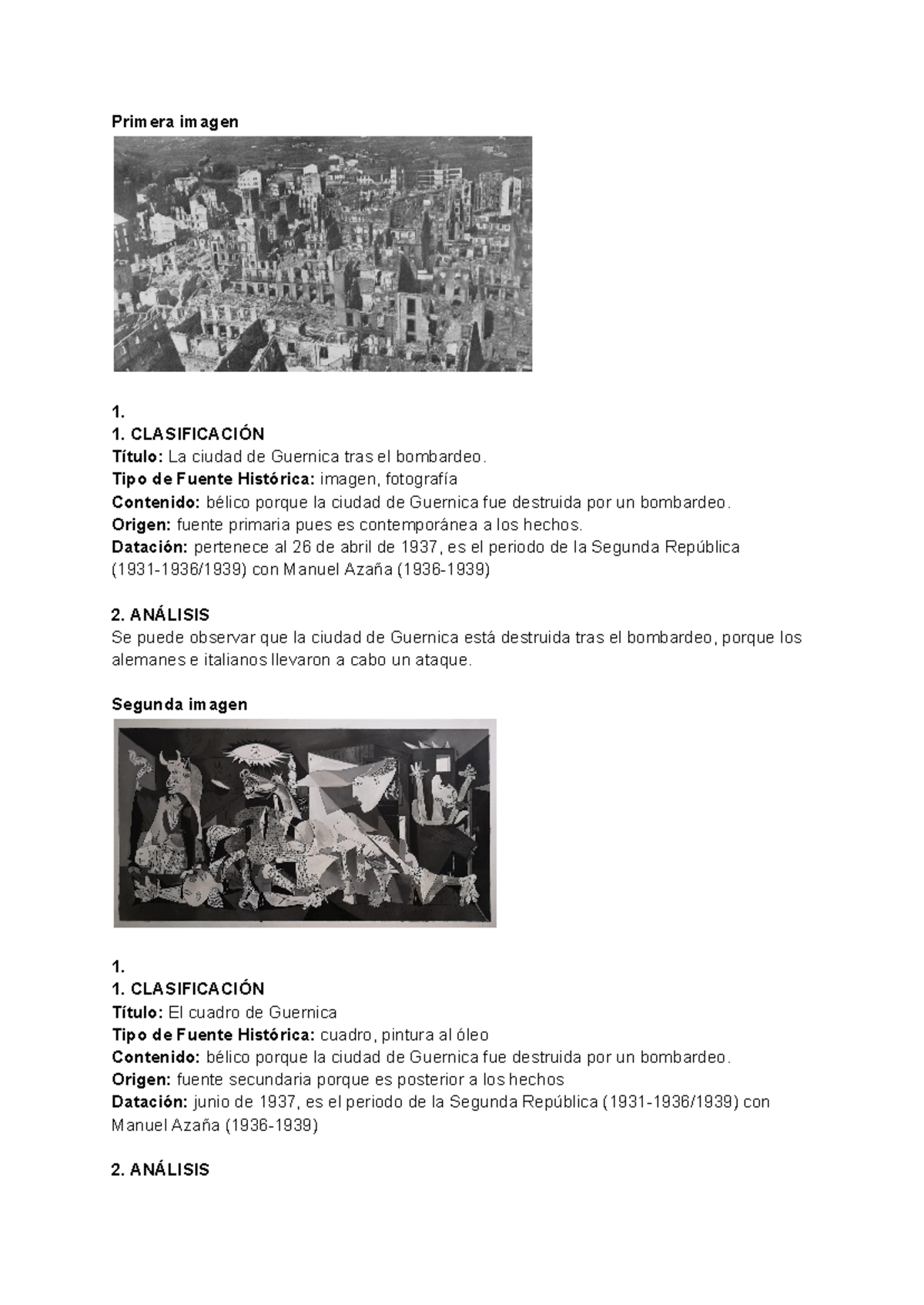 Historia y Análisis de Guernica: Fuentes Visuales del Bombardeo - Studocu