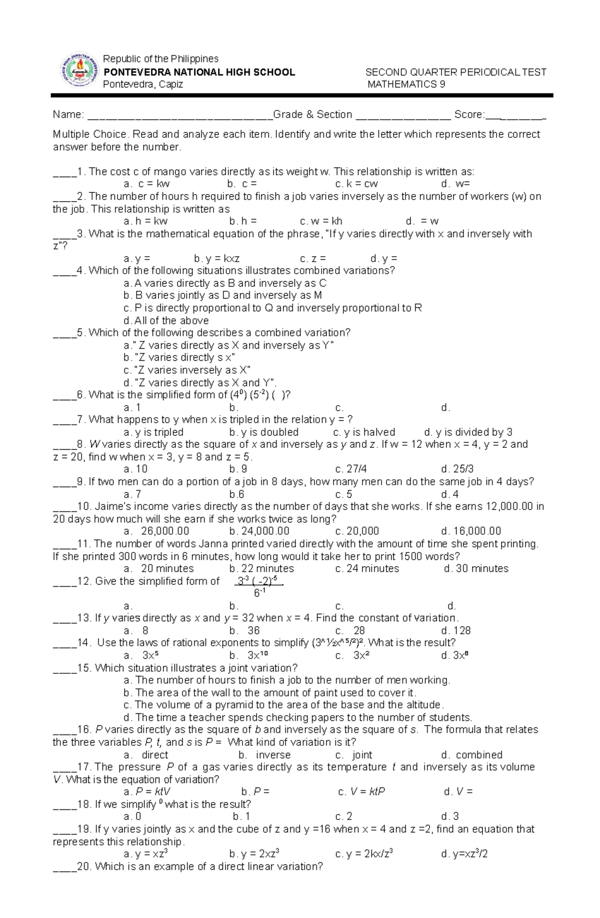 Math 9-2nd quarter - Gbbbb - Republic of the Philippines PONTEVEDRA ...
