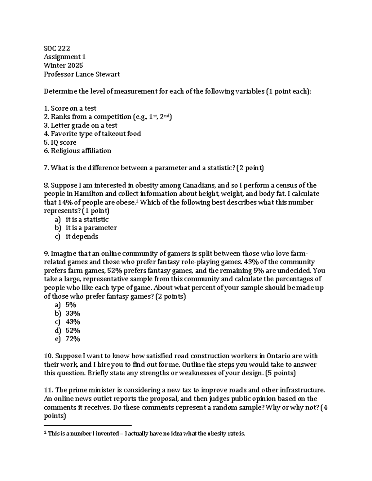 SOC 222 W25 Assignment 1: Measurement Levels & Statistical Concepts ...