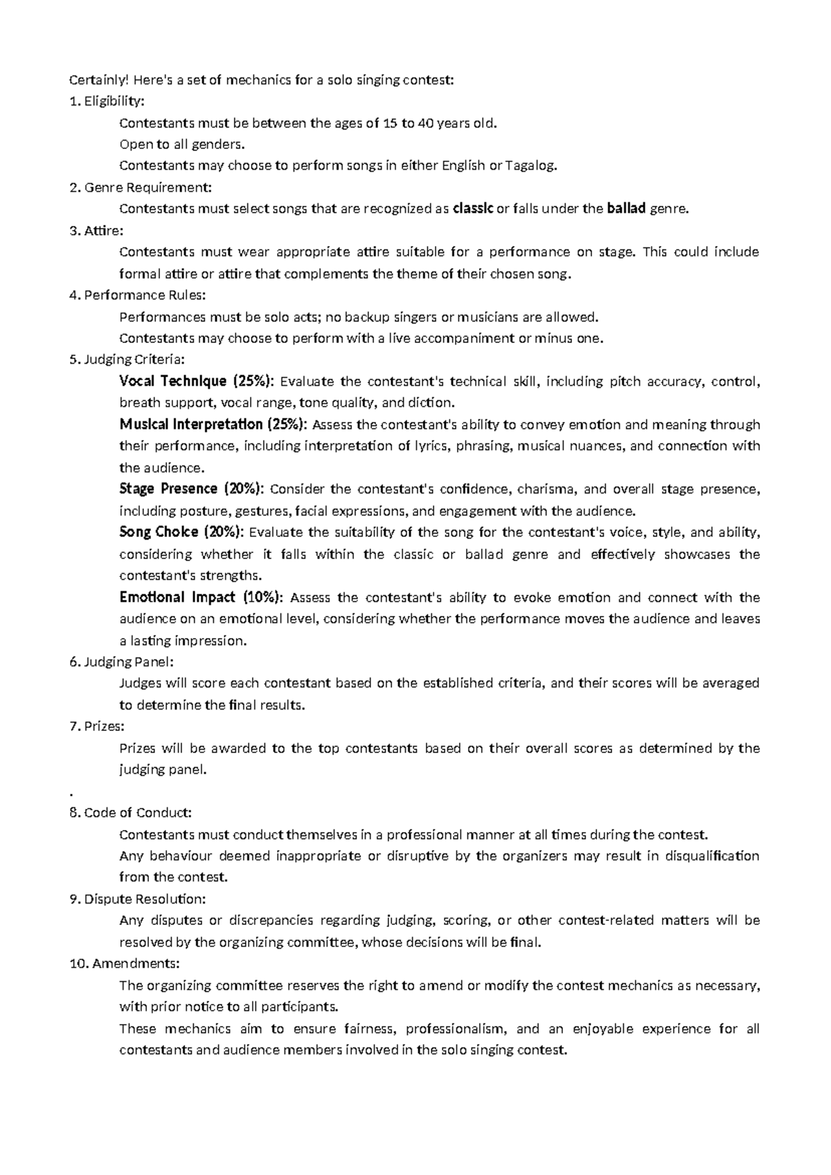 Criteria for Solo Singing Contest: Rules and Judging Mechanics - Studocu